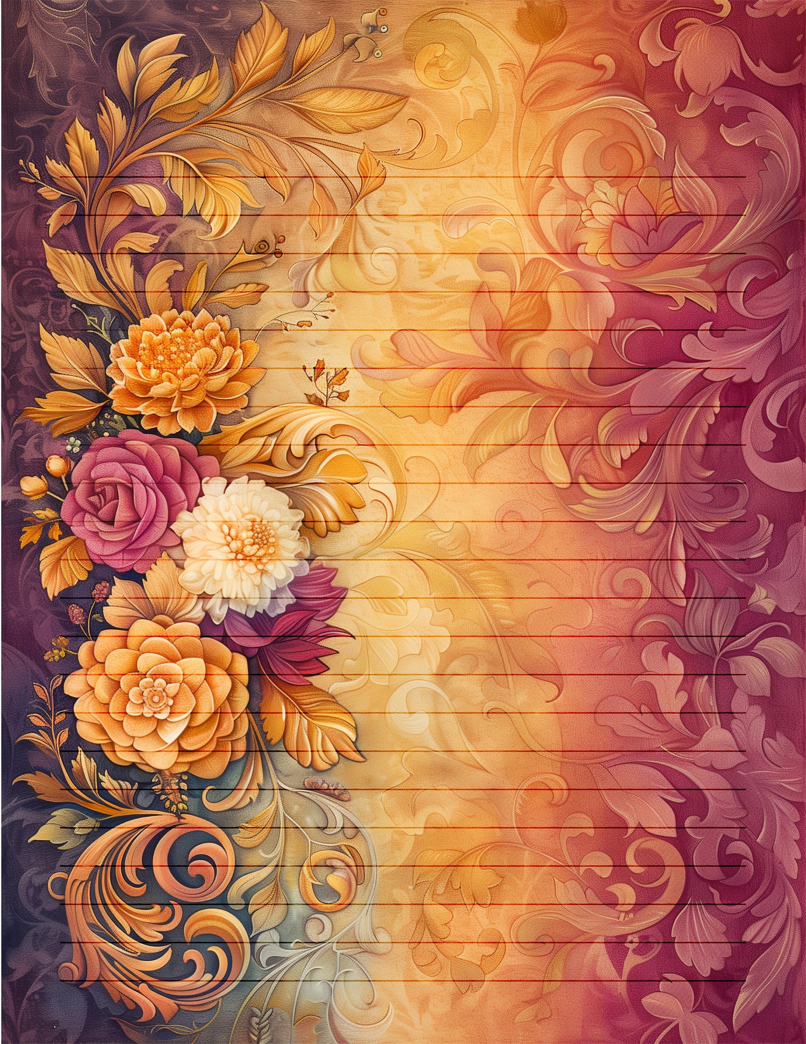 Floral Writing Paper: Lemon Mauve Journaling Stationery (digital ...