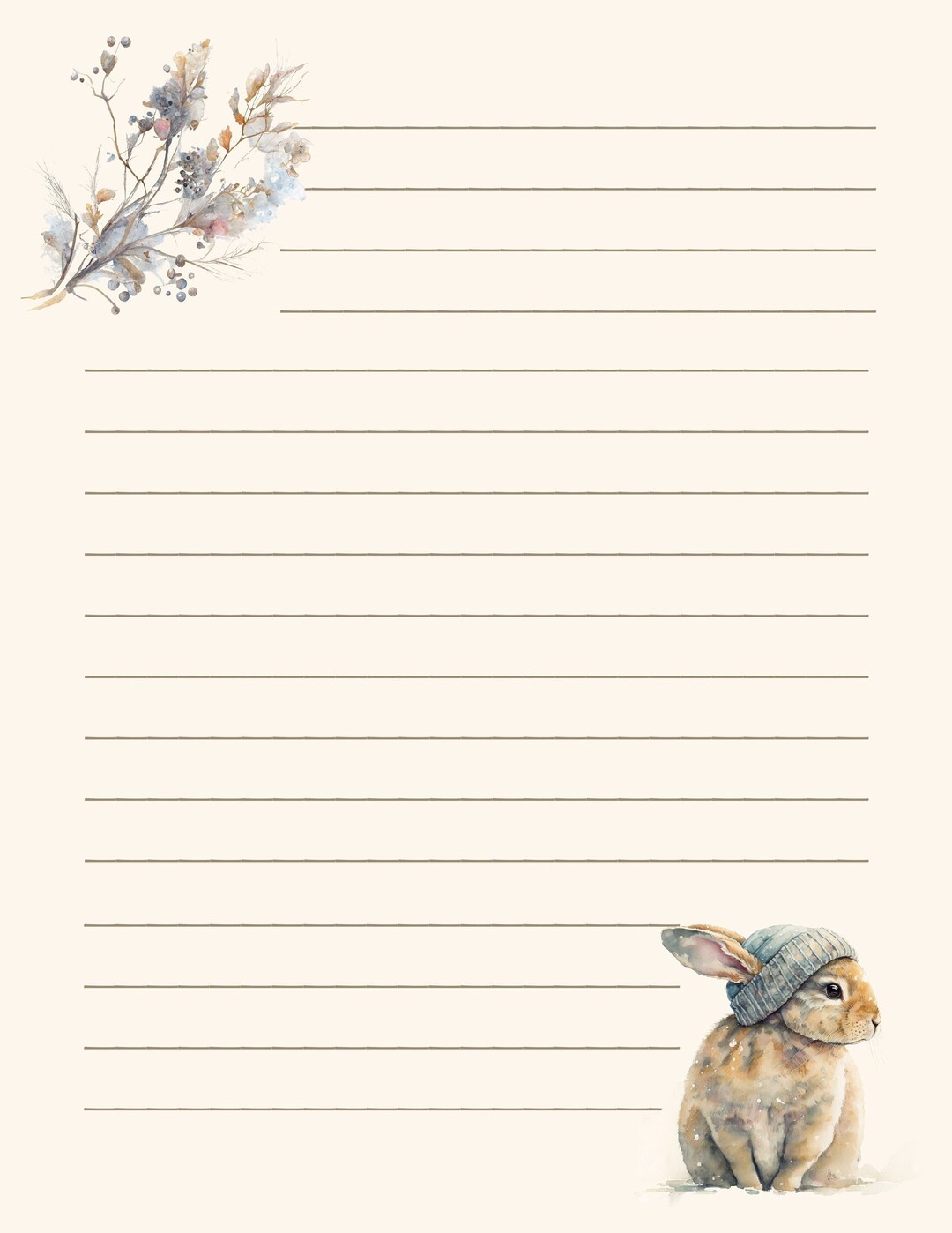 Winter Bunny Lined and Unlined Digital Paper Writing Sheets. Instant ...