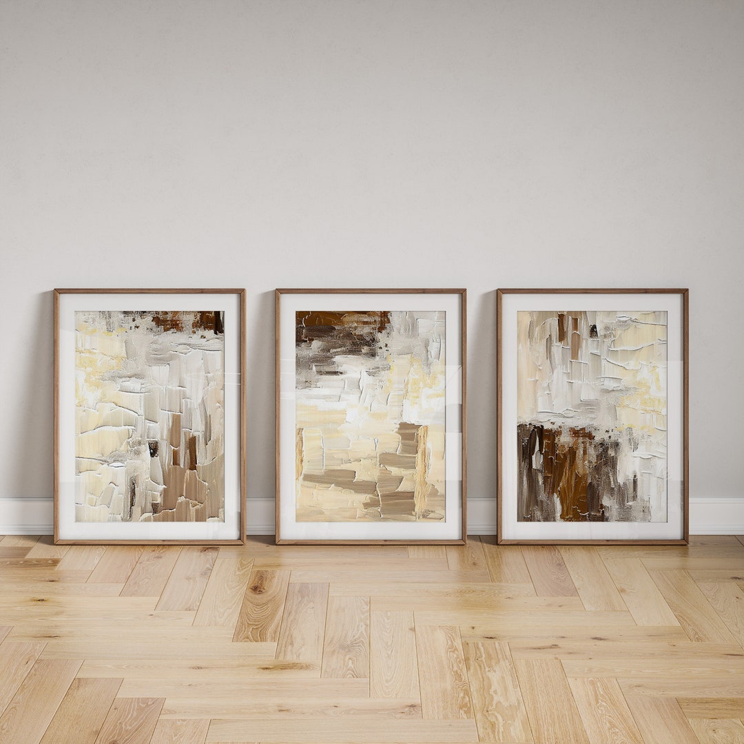 Set of 3 Neutral Abstract Wall Art Prints in Beige, Brown, White ...