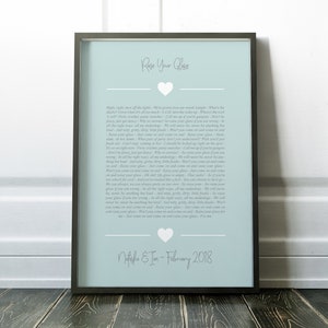 Bespoke Personalised Custom Song Lyrics Print, First Dance Gift, Framed ...