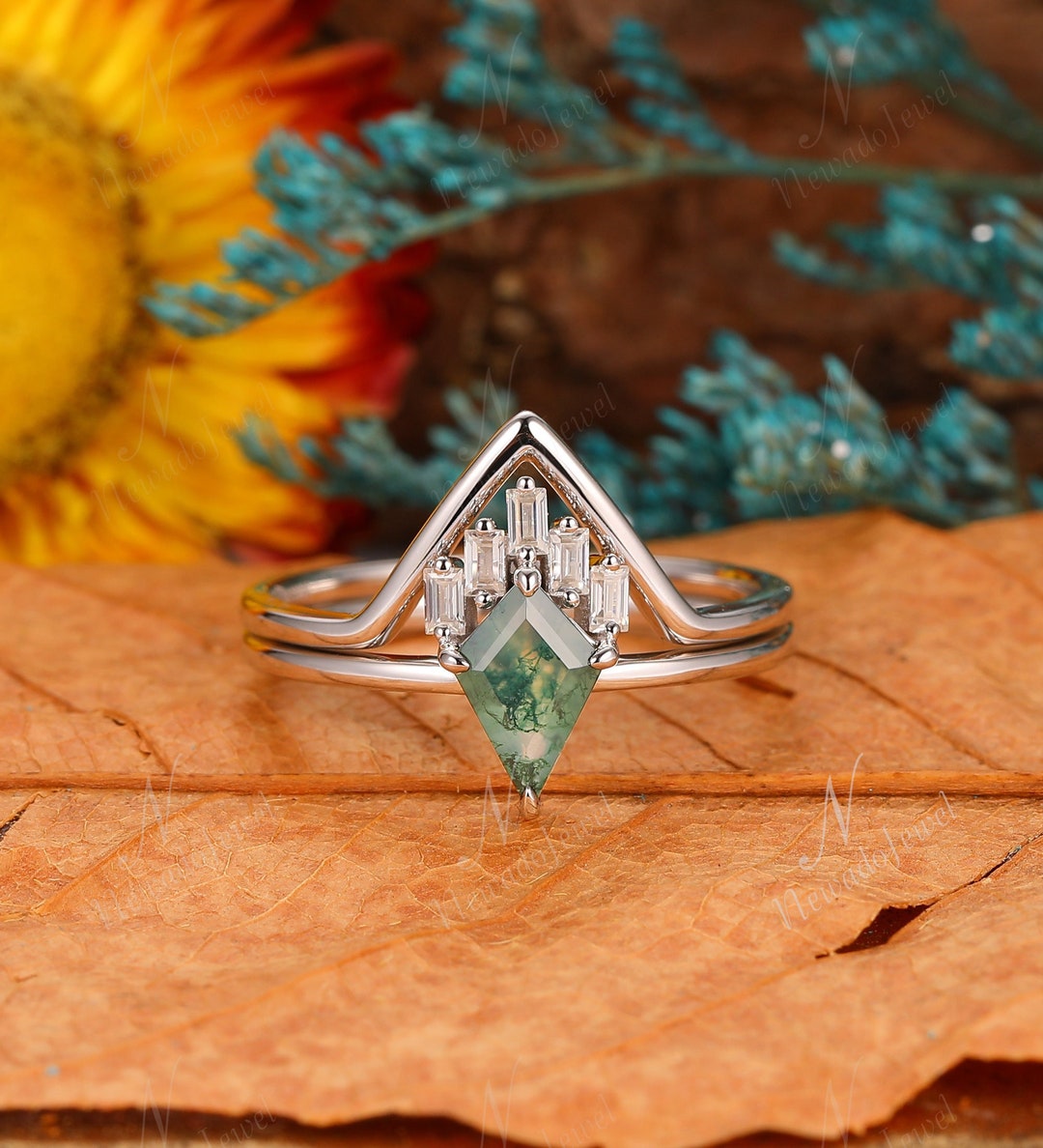 Moss Agate Wedding Ring Set, Kite Cut Green Moss Engagement Ring Set ...