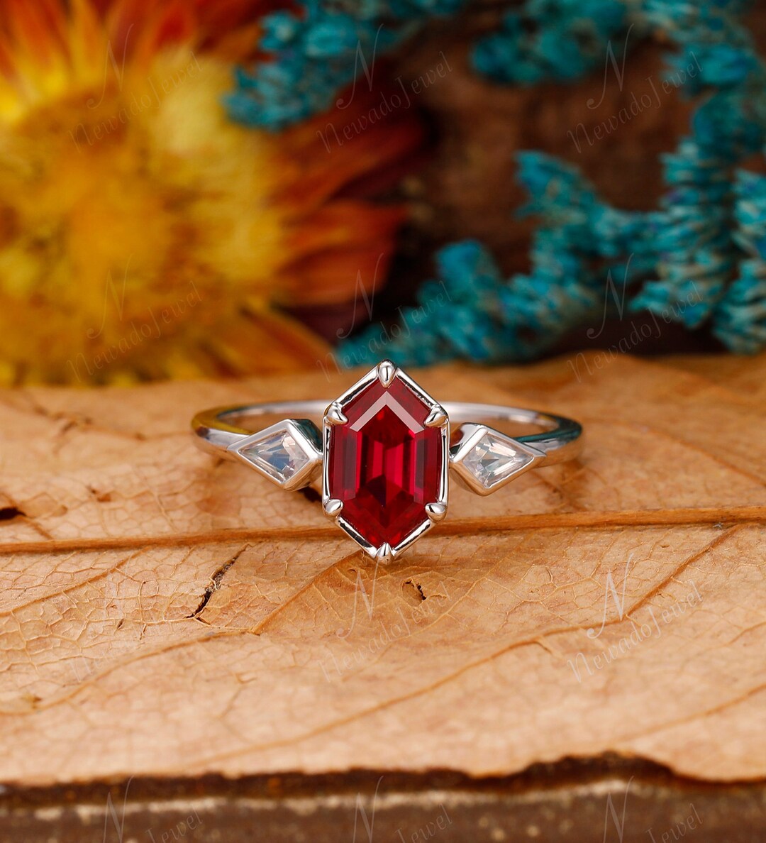Hexagon Ruby Ring, 1.1CT Long Hexagon Cut Red Gemstone Engagement Ring ...