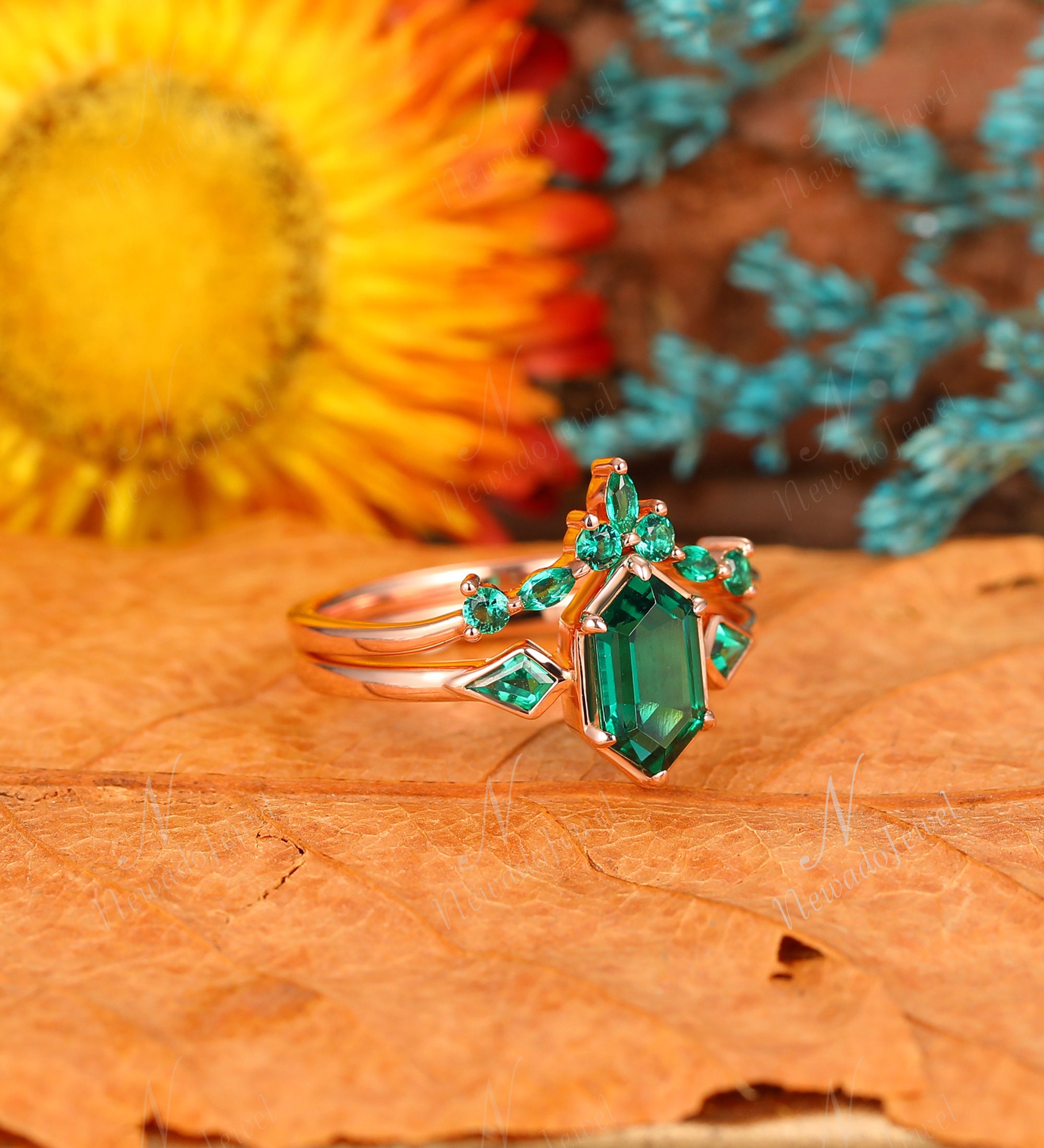 Emerald Engagement Ring Set Long Hexagon Cut 5x9mm Emerald | Etsy