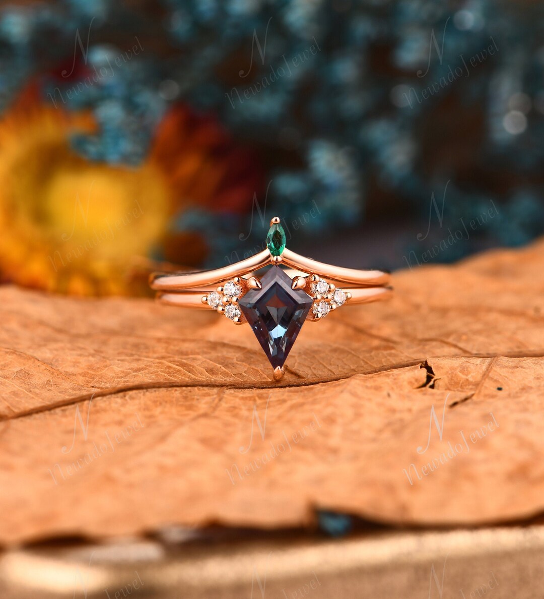 Dainty Alexandrite Engagement Ring Set, Emerald Curved Stacking Ring ...