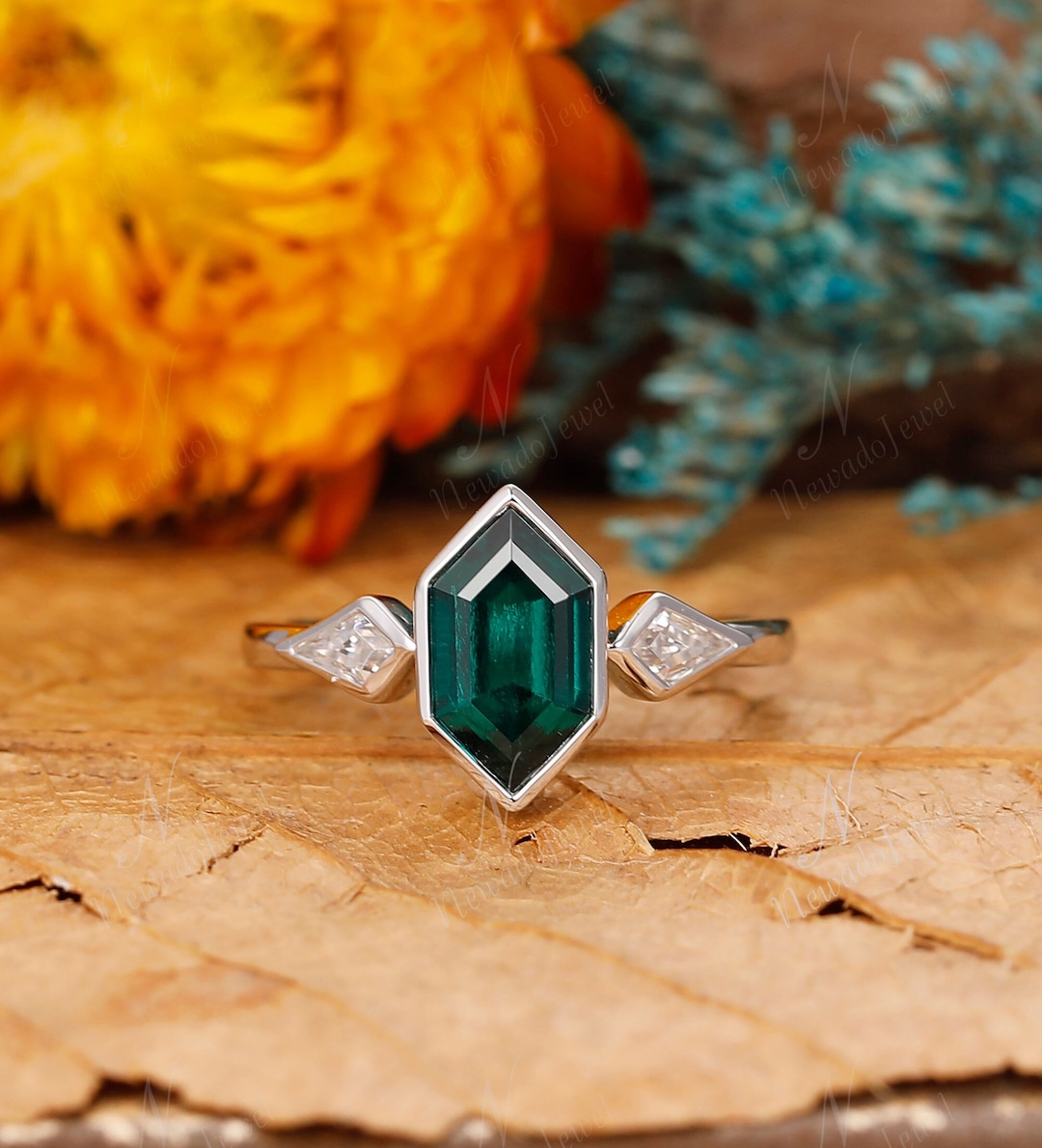 Hexagon Emerald Engagement Ring, Classic Handmade Bezel Set Ring, Women ...