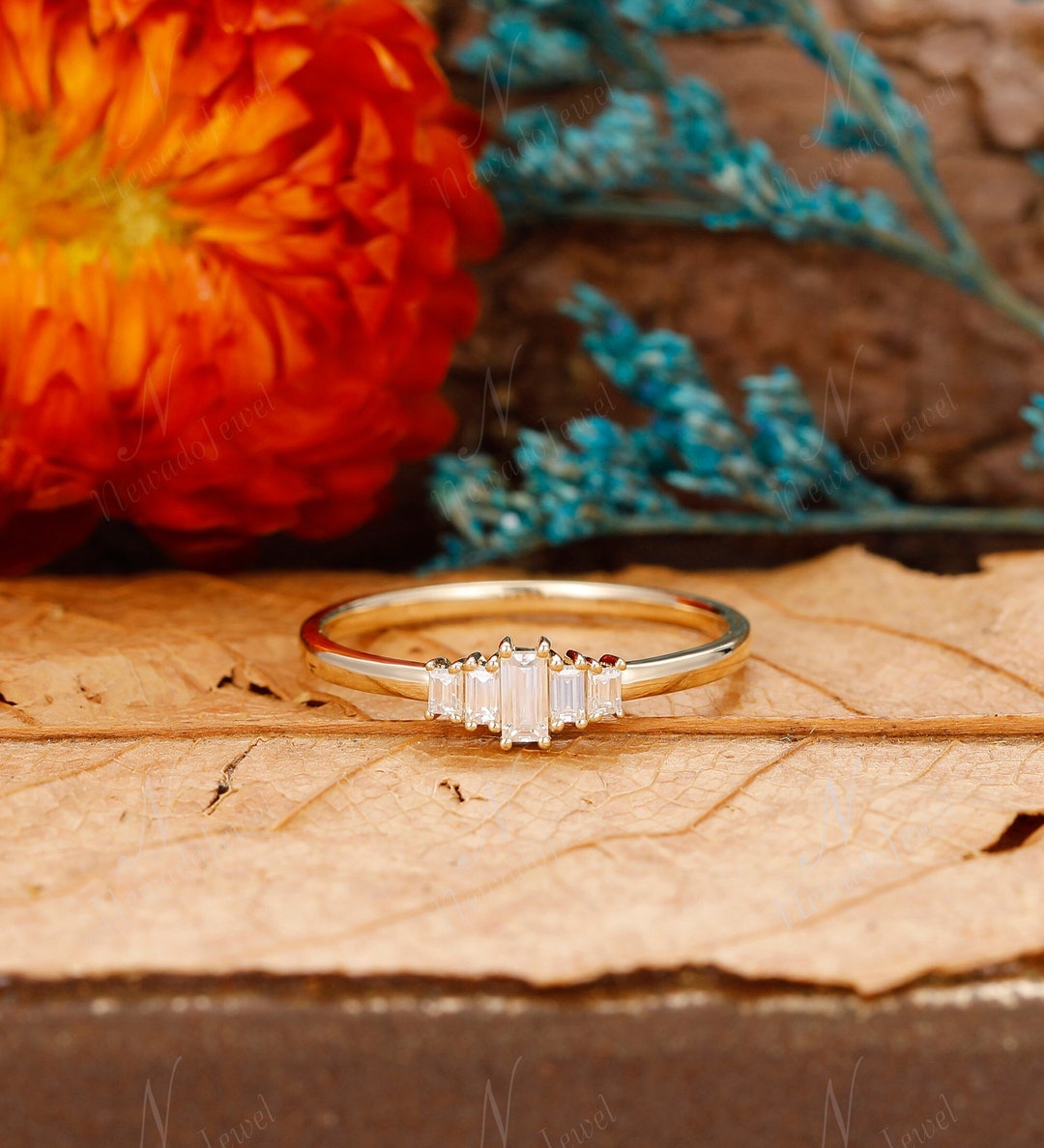 Baguette Natural Diamond Ring, Moissanite Engagement Ring, Art Deco ...