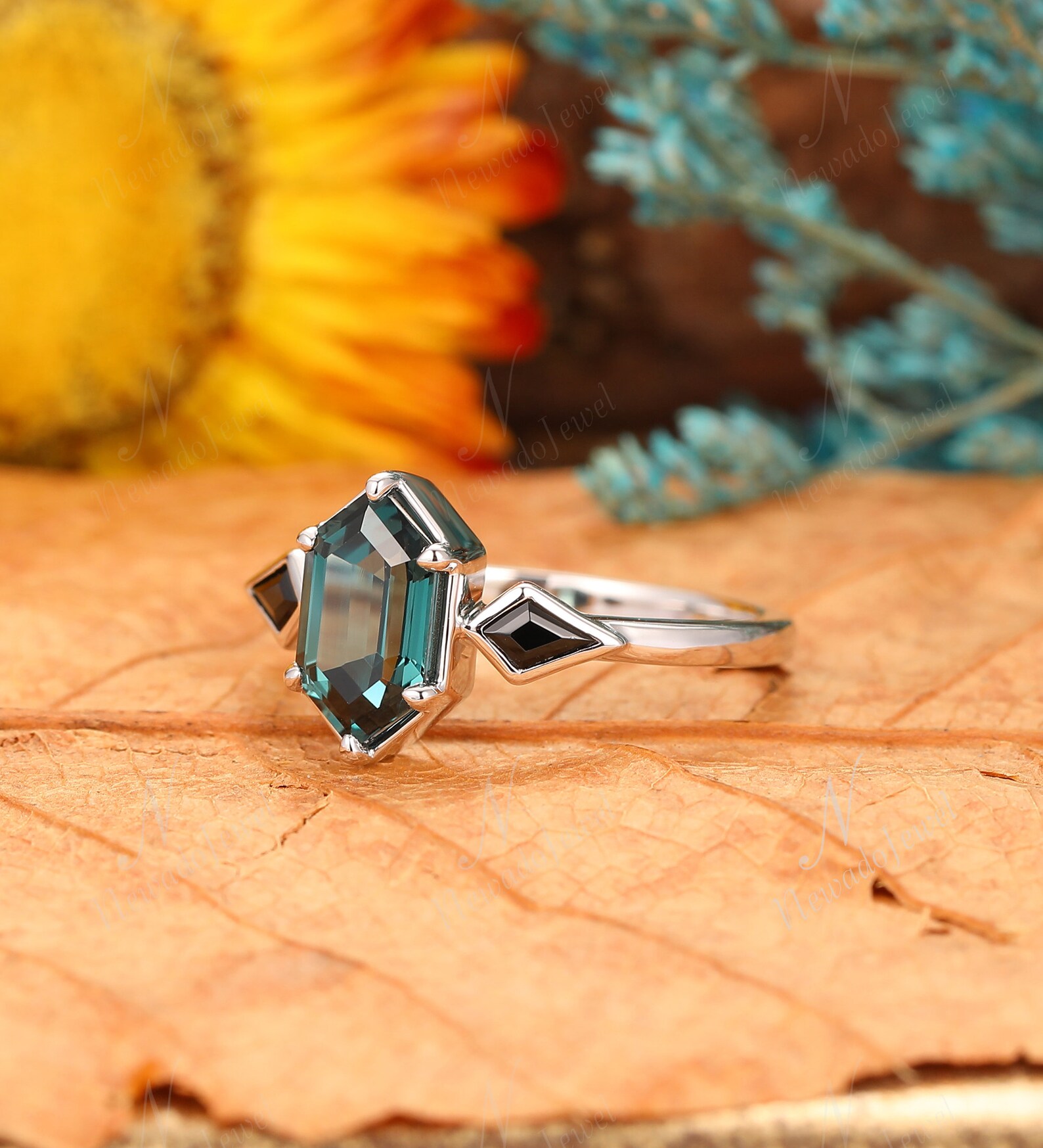Low Profile Ring for Women Long Hexagon Cut 1.1CT Teal - Etsy