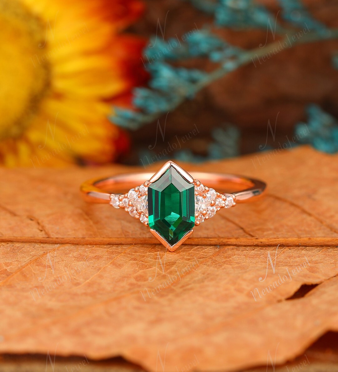 Bridal Anniversary Ring, Long Hexagon Cut Emerald Promise Ring, Hexagon ...
