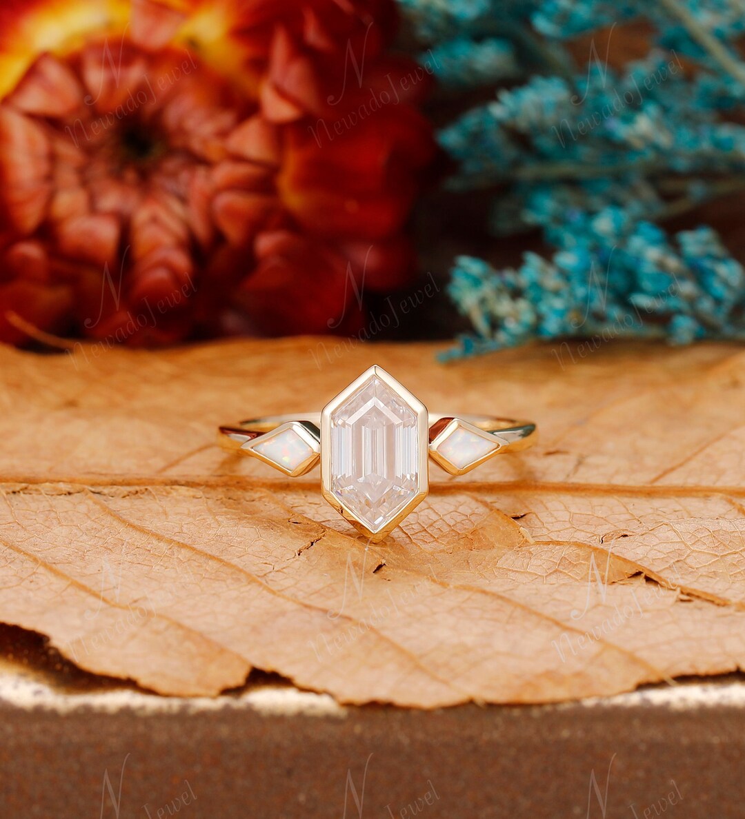 Art Deco Bezel Set 5x9mm Hexagon Cut Moissanite Engagement Ring, Kite ...