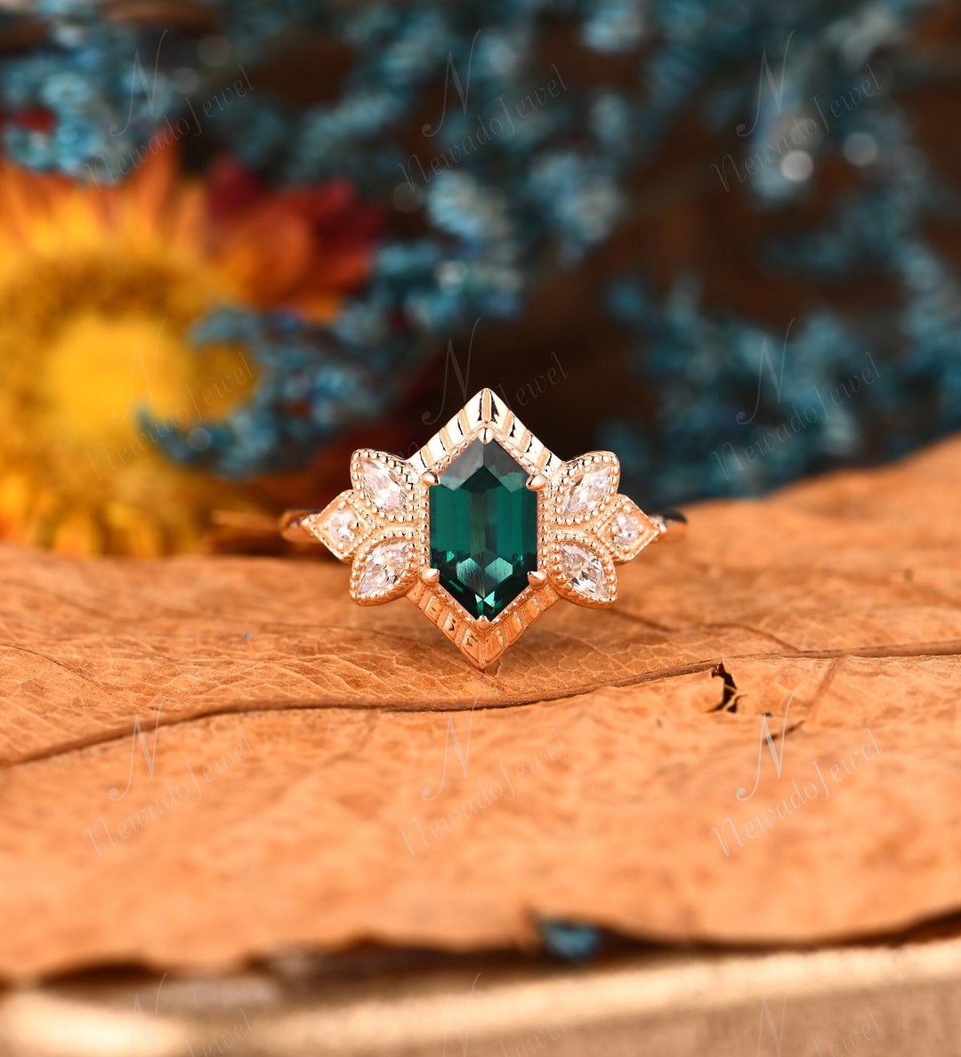 Leaf Art Deco Promise Ring, Long Hexagon 5x9mm Emerald Engagement Ring ...