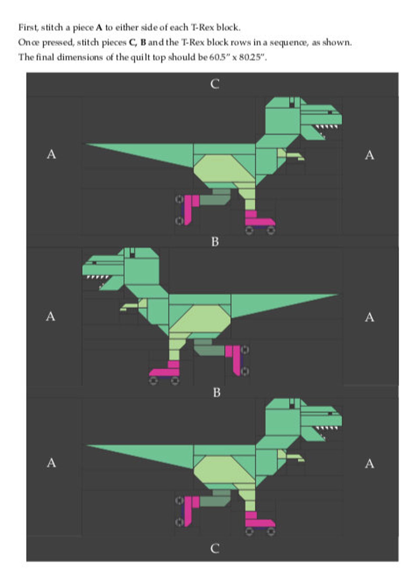 QUILT PATTERN Dinorama T-rex on Roller Skates by Art East | Etsy Canada