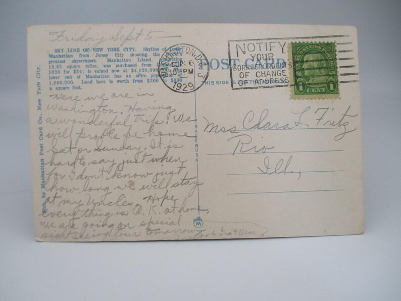 New York Skyline, New York City. Postmarked 1929 Sent From Washington ...