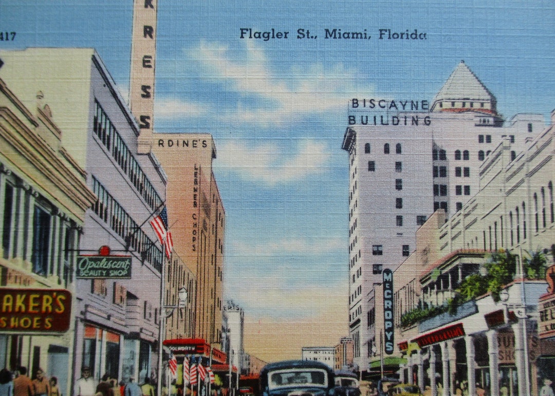 Miami, Florida. Flagler Street . 1930s Vintage Linen Era Post Card ...