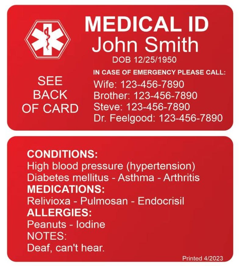 Custom Engraved Aluminum Medical ID Card, Emergency Contact Card ...