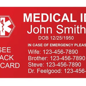 Custom Engraved Aluminum Medical ID Card, Emergency Contact Card ...