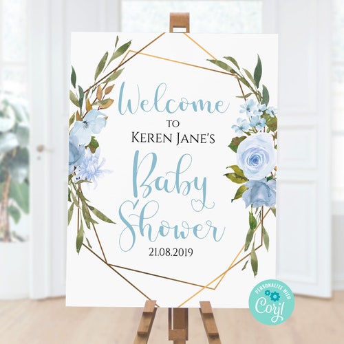 Editable Blue Floral Baby Shower Welcome Sign Template | Etsy