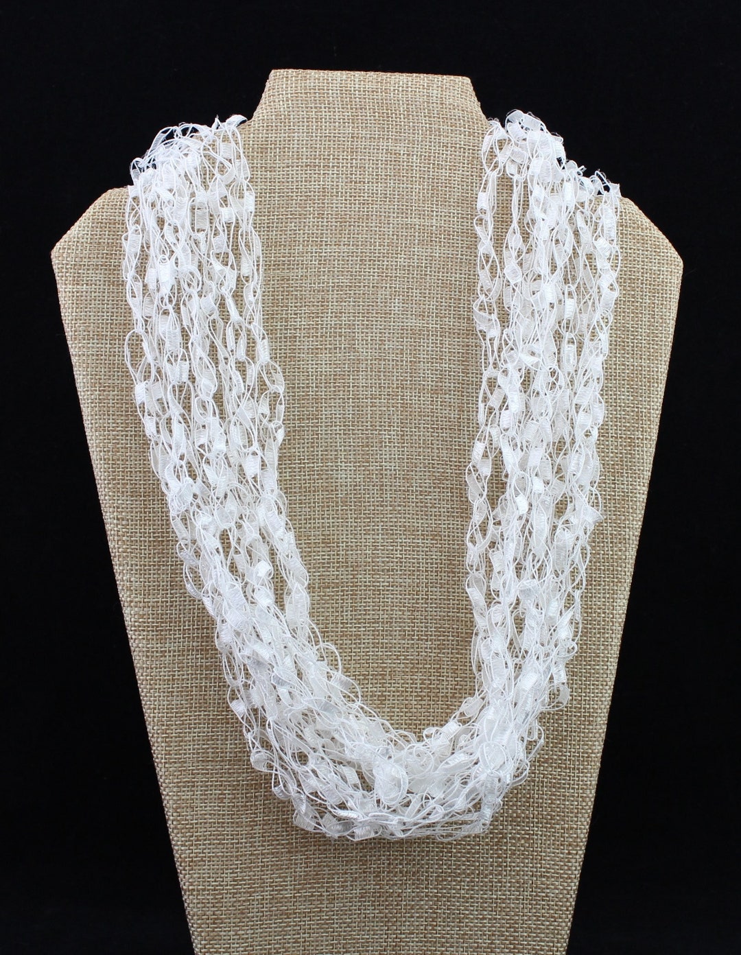 White Ladder Yarn Crocheted Necklace - Silky and Lightweight Trellis ...