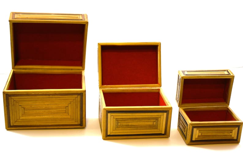 Vintage Bamboo Nesting Boxes Set of 3 Red Felt Lined Village Volcano ...