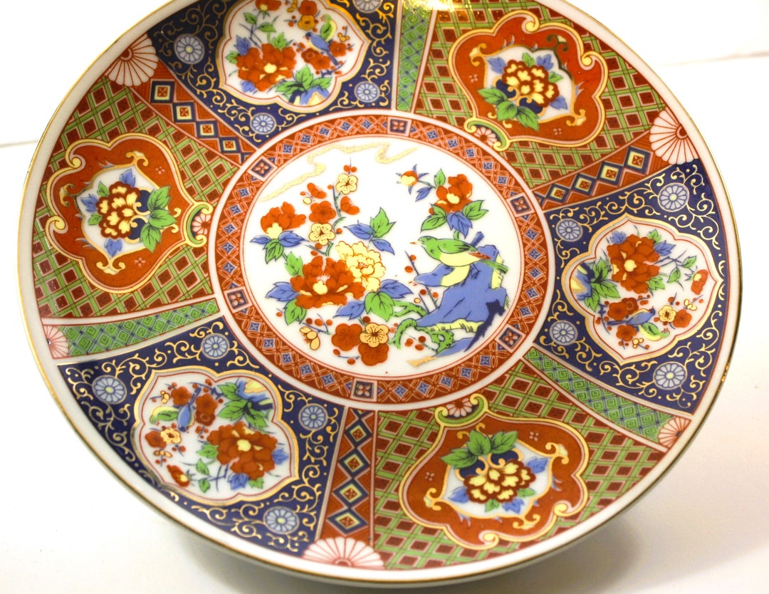 Vintage Japanese Plate Porcelain 8" Birds Flowers Red Blue Green With ...