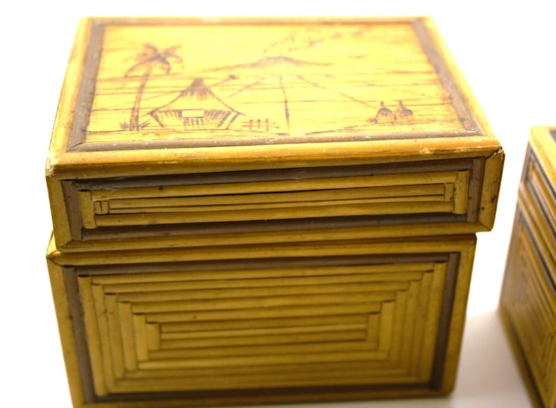 Vintage Bamboo Nesting Boxes Set of 3 Red Felt Lined Village Volcano ...
