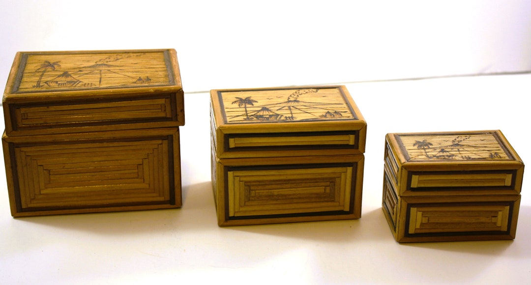 Vintage Bamboo Nesting Boxes Set of 3 Red Felt Lined Village Volcano ...
