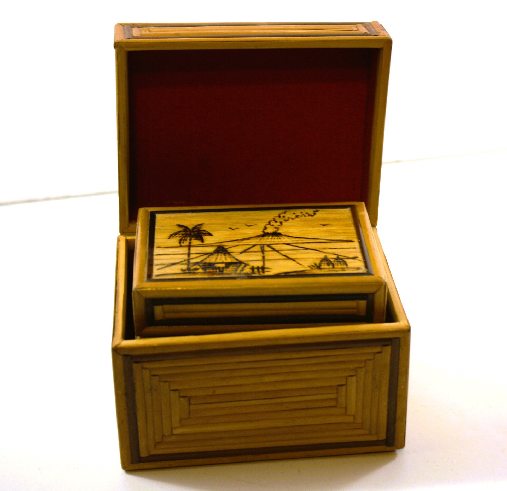 Vintage Bamboo Nesting Boxes Set of 3 Red Felt Lined Village Volcano ...