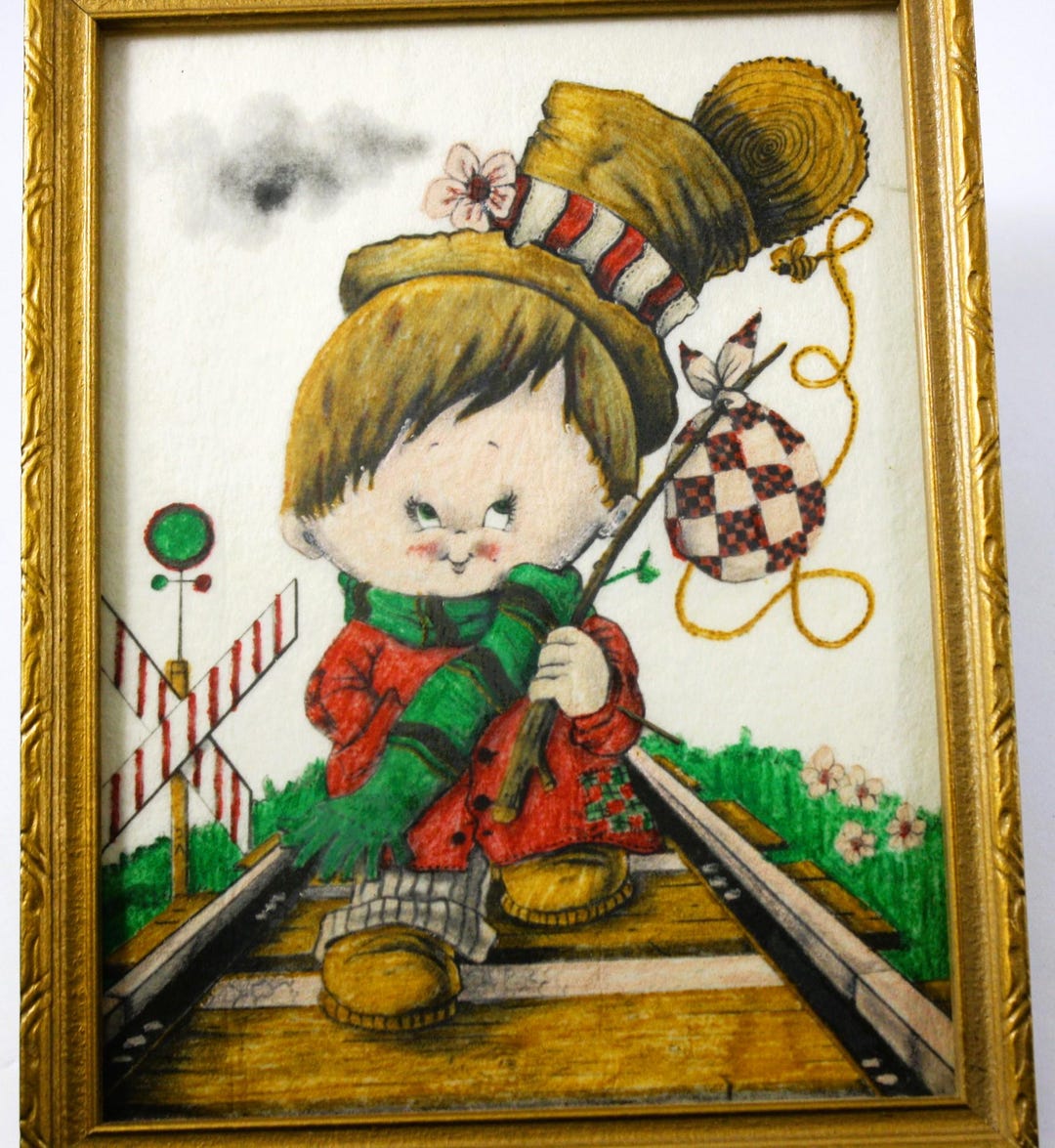 Vintage Artex Liquid Embroidery Painting Hobo on Railroad Track 1970s ...