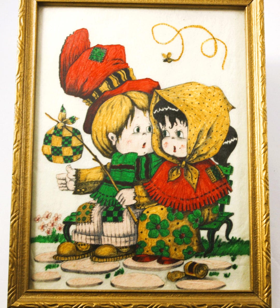 Vintage Artex Liquid Embroidery Painting Hobo Couple on Bench 1970s ...