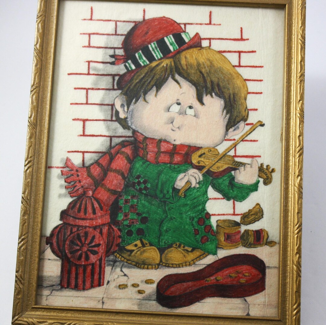 Vintage Artex Liquid Embroidery Painting Hobo With Violin 1970s With ...