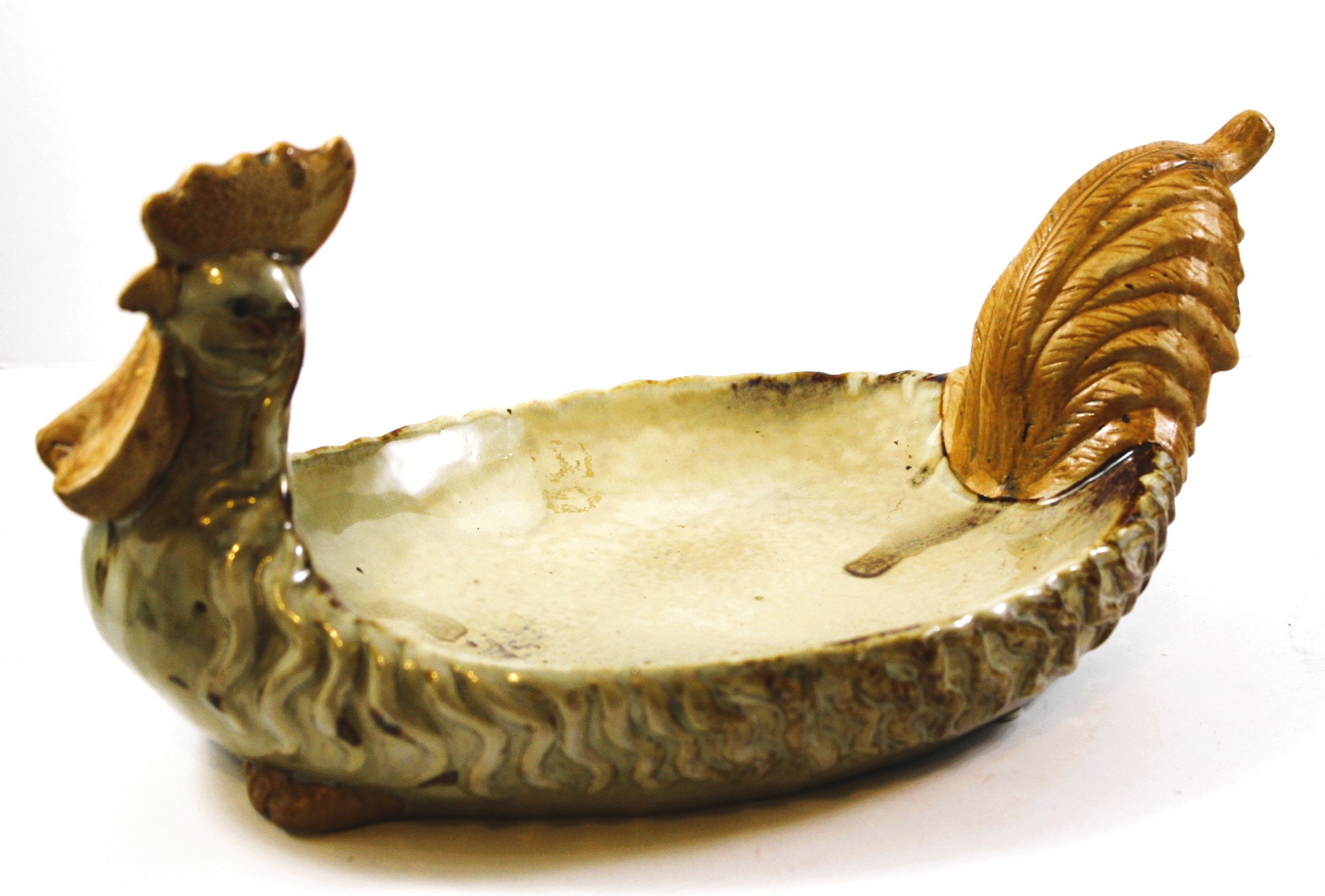 Pottery Rooster Serving Dish Shallow Bowl Hand Glazed Tan Speckled ...
