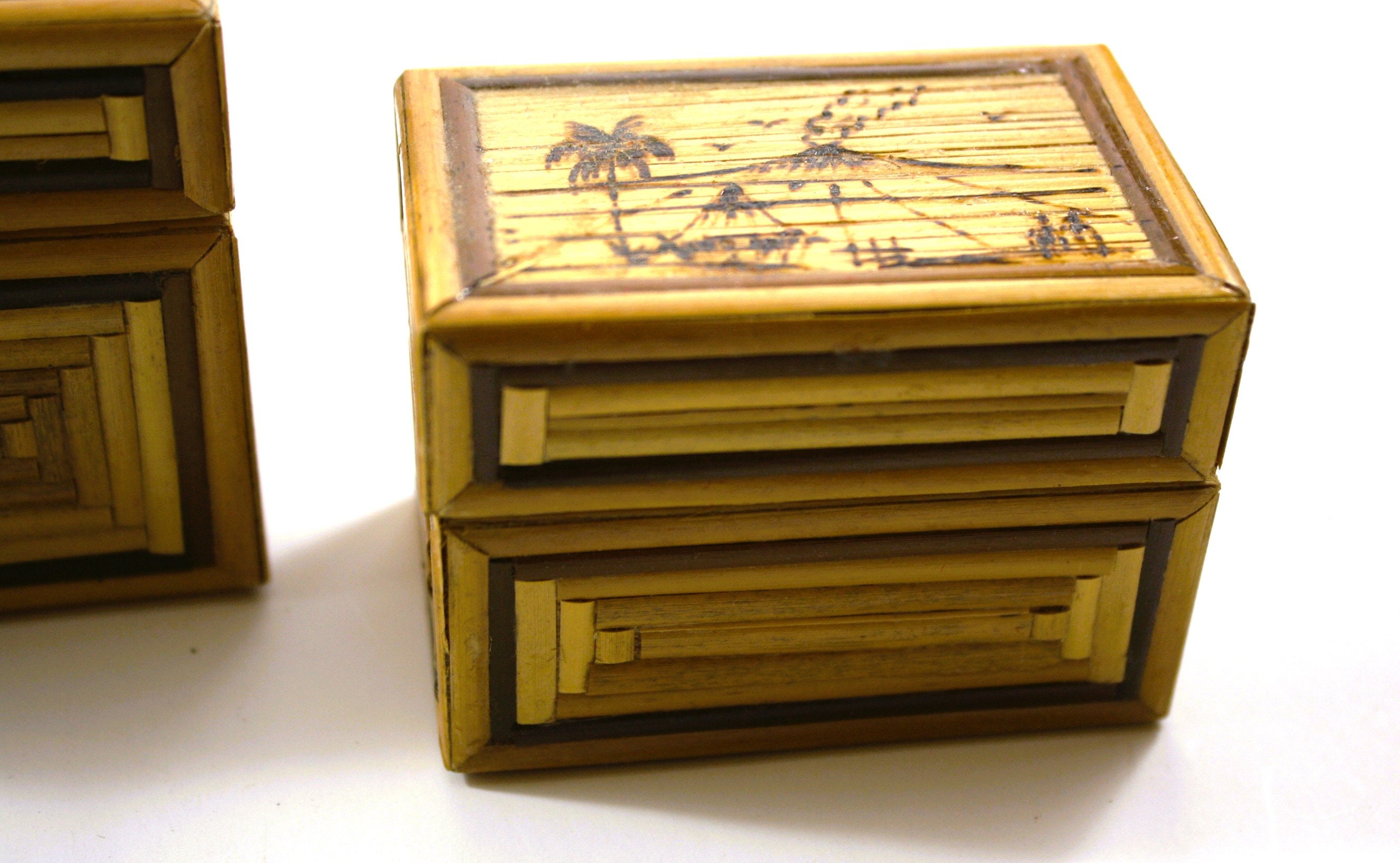 Vintage Bamboo Nesting Boxes Set of 3 Red Felt Lined Village Volcano ...