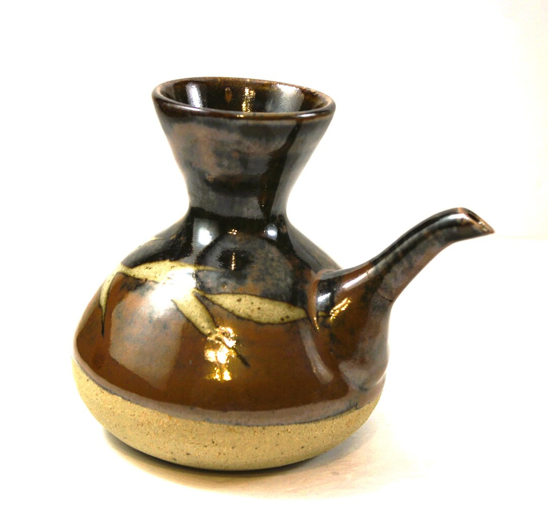 Mashiko-yaki Ewer Sake Dispenser for Liquids Soya Sauce Brown Leaf ...