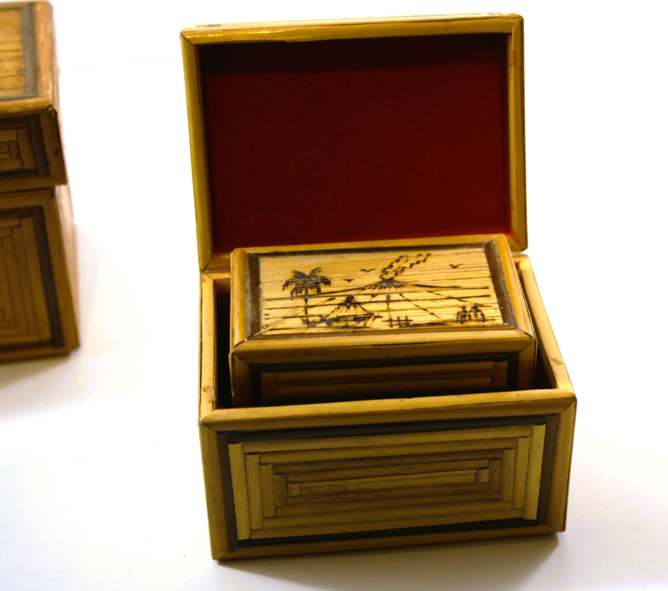 Vintage Bamboo Nesting Boxes Set of 3 Red Felt Lined Village Volcano ...