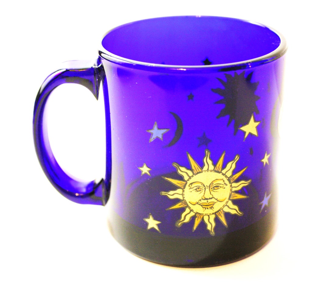 Libbey Stars Moon Cobalt Blue Glass Mug Celestial Sun Coffee Cup - Etsy