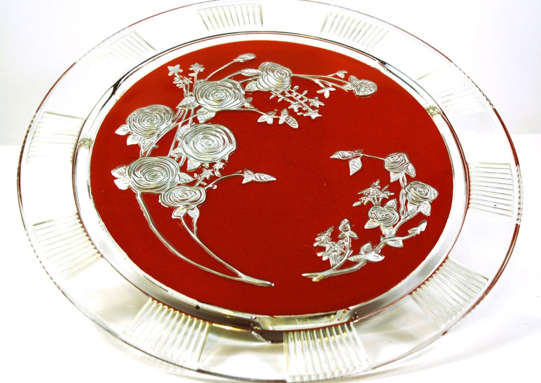 Vintage Goofus Glass Serving Plate With Pewter Roses and Red Enamel on ...