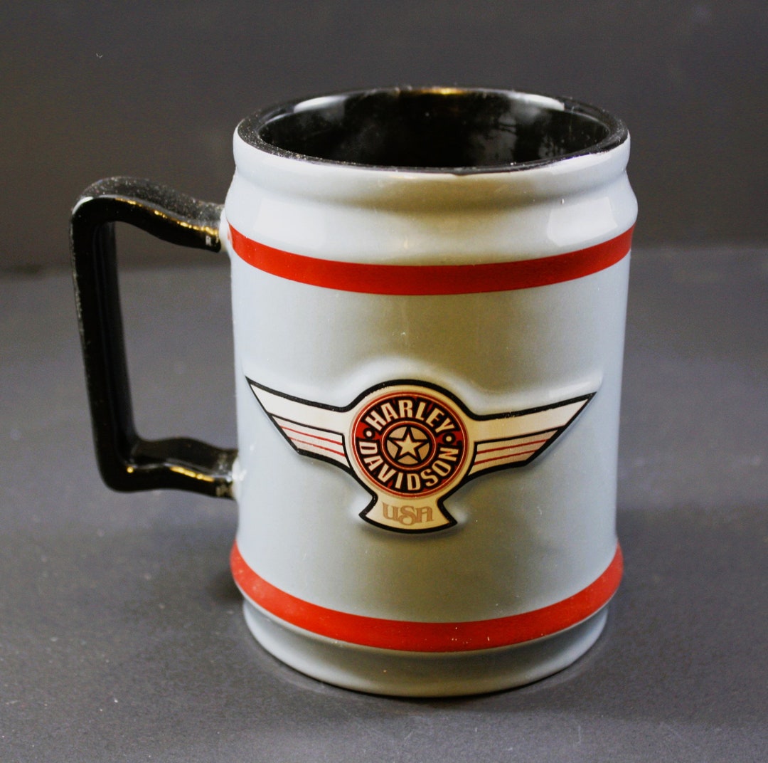 Official Harley Davidson Mug Raised Wings Logo Grey Red Stripe Ceramic ...