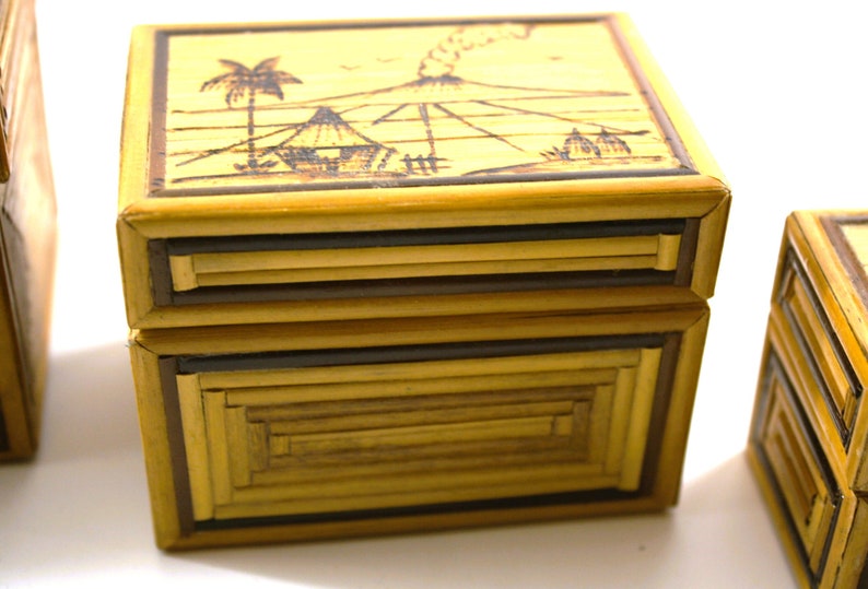 Vintage Bamboo Nesting Boxes Set of 3 Red Felt Lined Village Volcano ...