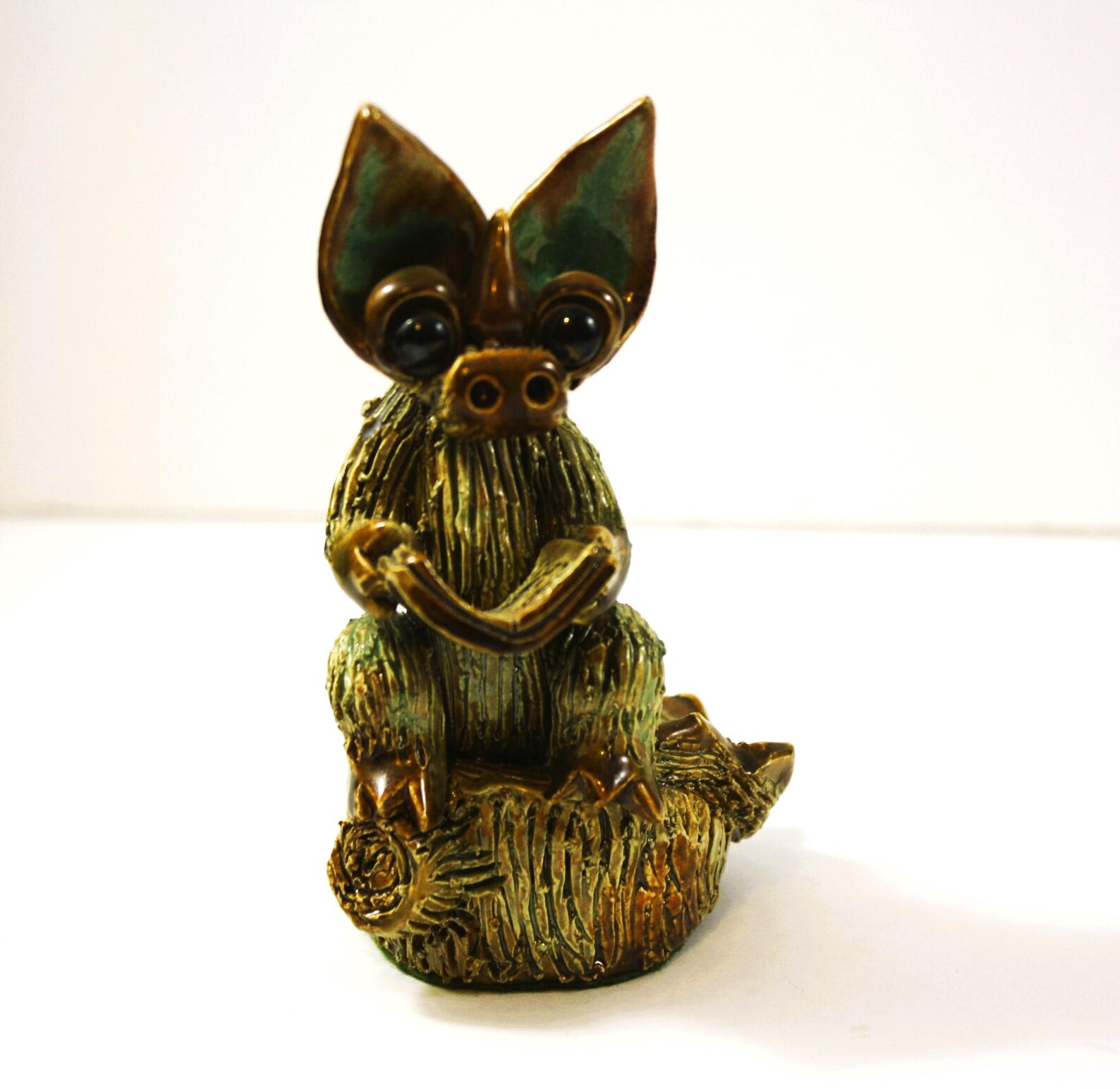 RARE Yare Designs Pottery Dragon Reading Book 1970s Handmade Green Felt ...