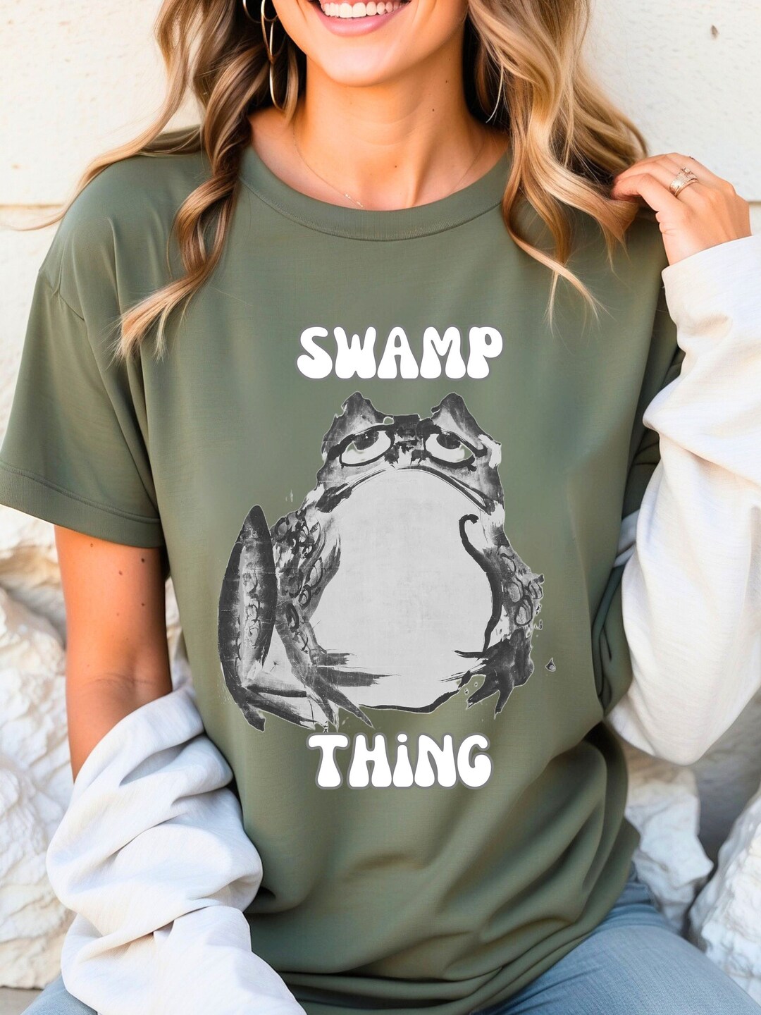 Swamp Thing Grumpy Frog Retro BW Pen and Ink, Boho T-shirt - Etsy
