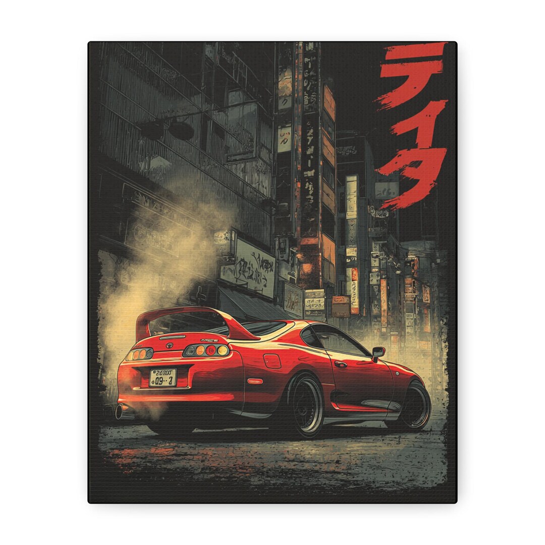 Red Toyota Supra Illustration Matte Canvas Stretched | JDM Night City ...