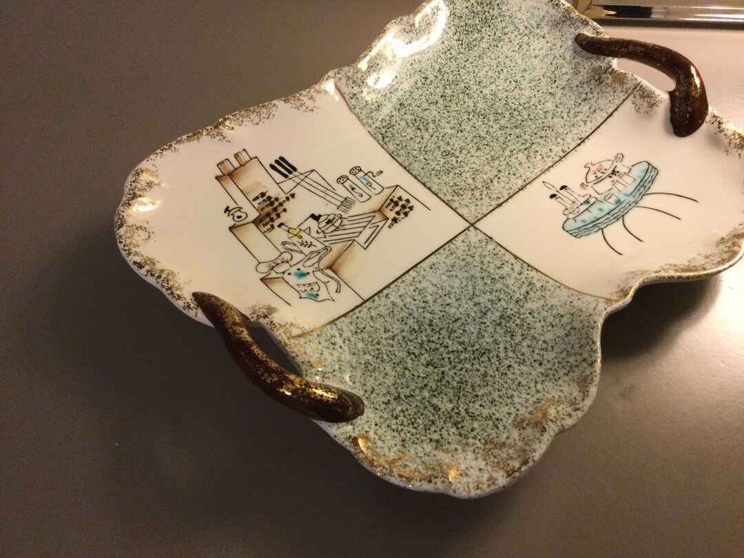 Vintage MCM Decorative Stoneware Tray/ Hand Painted Tray/ Dish / Catch ...