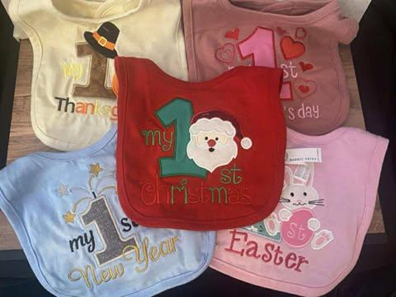Embroidered & Appliquéd “my 1st Holiday” Bib Set | Handmade Gift | Cute ...