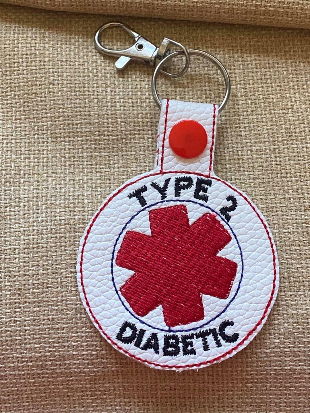 Type 2 Diabetic Medical ID Keychain: Embroidered Faux Leather Snap Tab ...