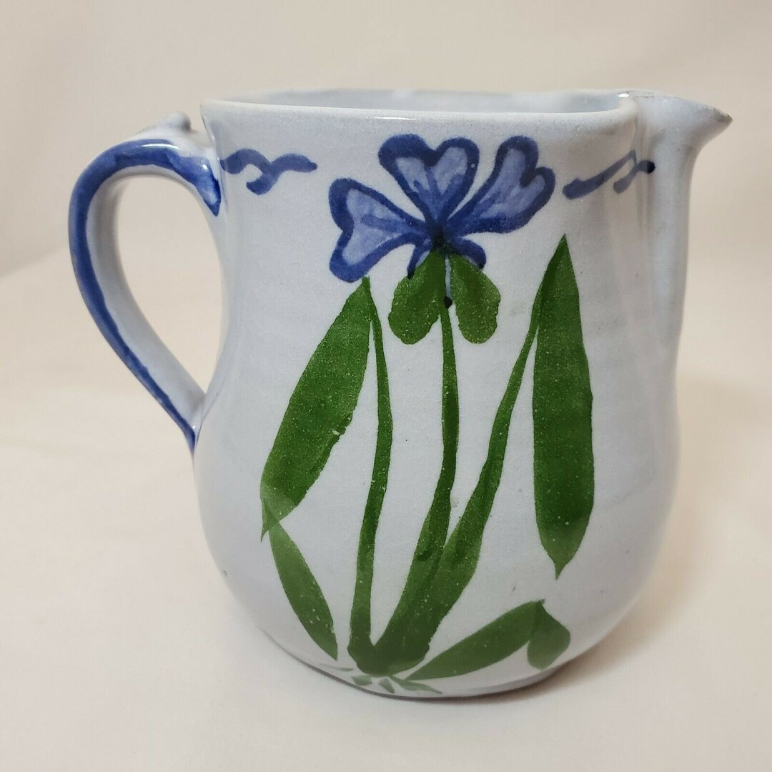 Alex Majeski Pottery Vintage Pitcher Wisconsin Artist Blue Floral ...