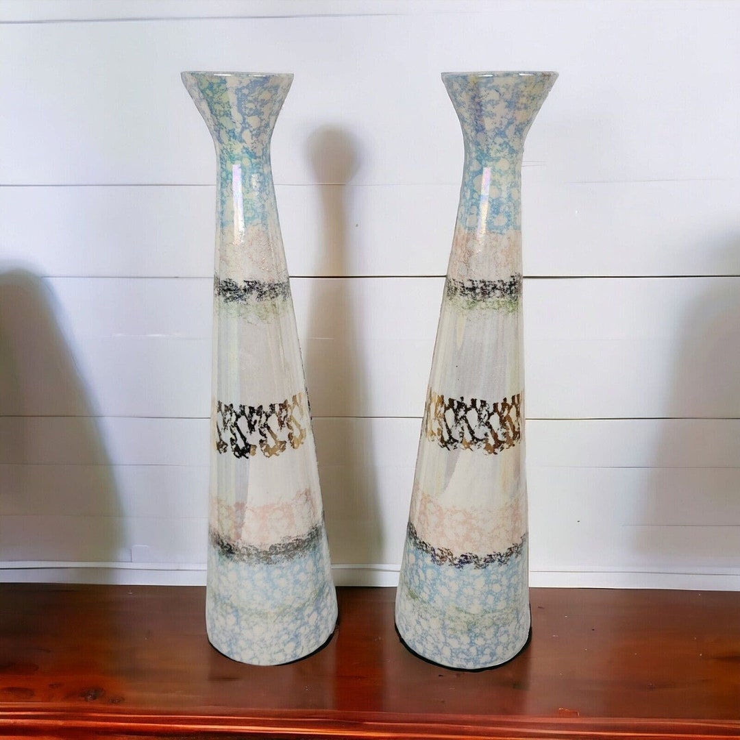 Vintage MCM Vase Set Tall Ceramic Striped Neutral Console Pair Aqua ...