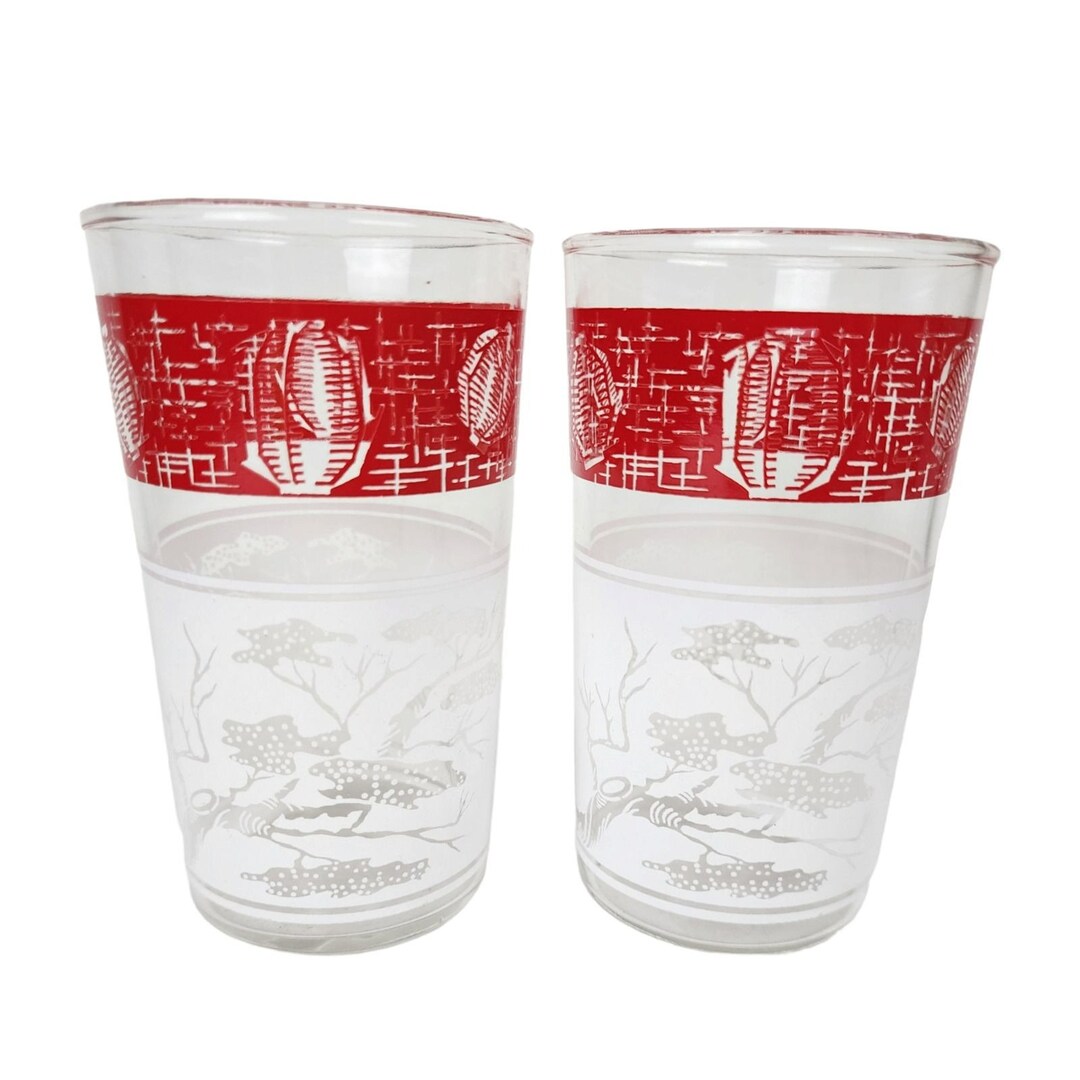 VTG Mid Century Drinking Glasses Asian Inspired Chinese Lanterns Bonsai ...