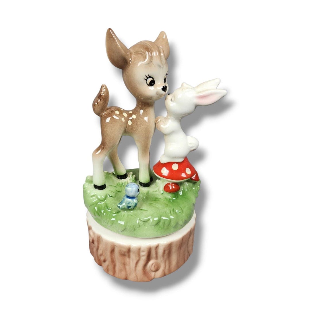 Vintage Lefton Music Box Love Story Theme Deer Fawn Bunny Rabbit ...
