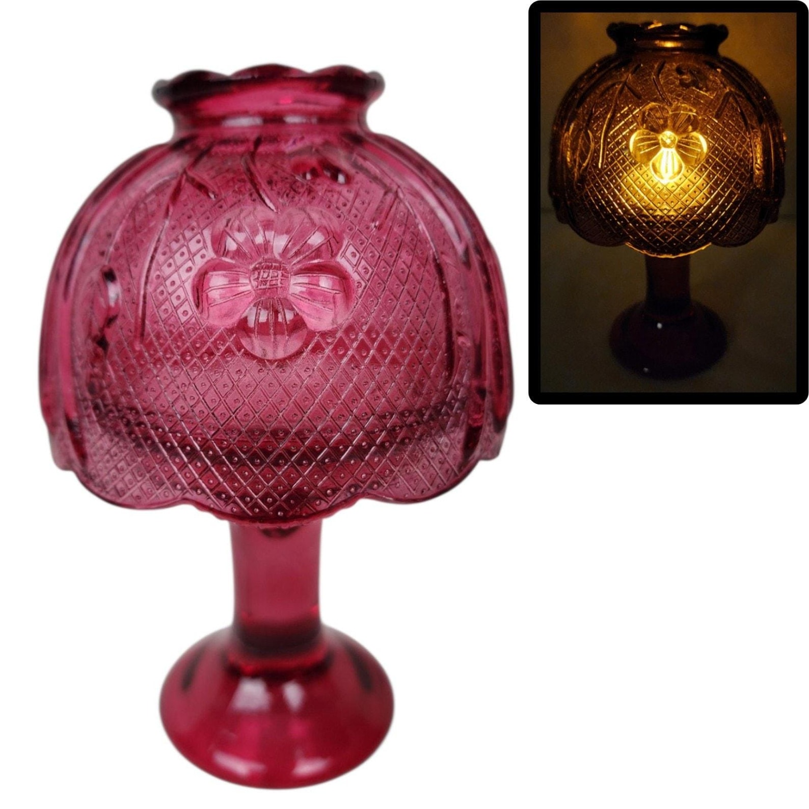 Vintage Fairy Lamp Indiana Glass Cranberry Red Tiara Floral Candle ...