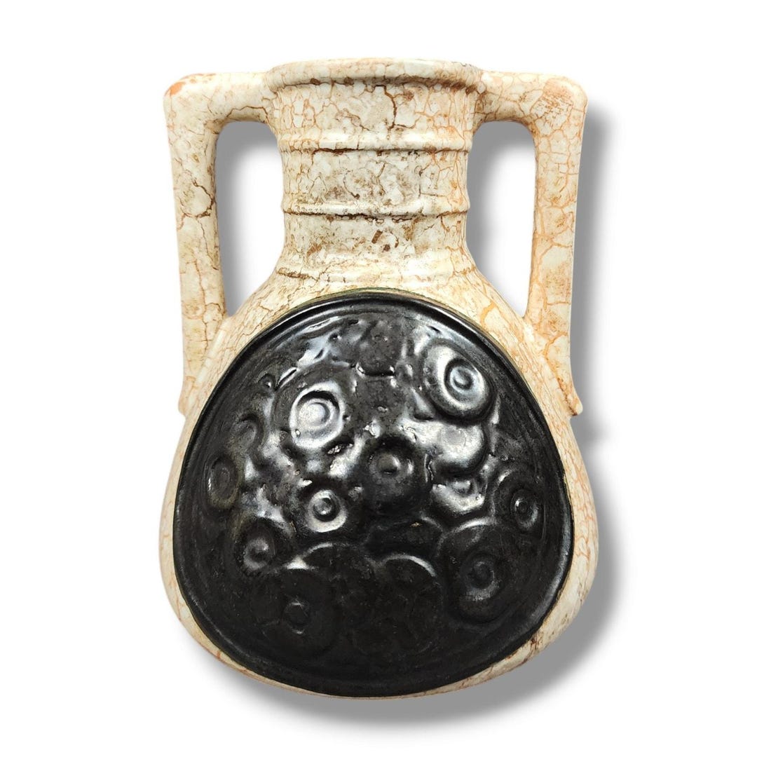 Vintage Czech Ditmar Urbach Pottery Vase Marbled Alienware Beige Orange ...