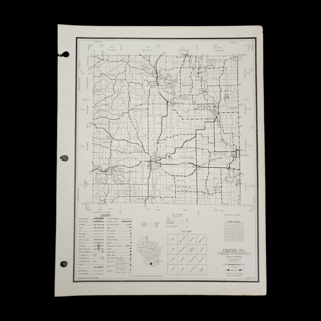Vtg Green County Map Wisconsin Department Of Transportation Highways 1974 Roads Etsy